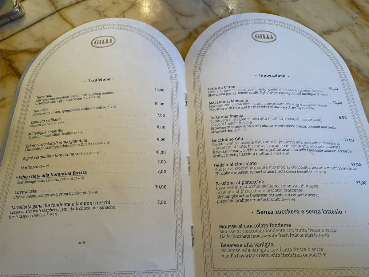 Menu at Caffè Gilli pub & bar, Florence, Via Roma