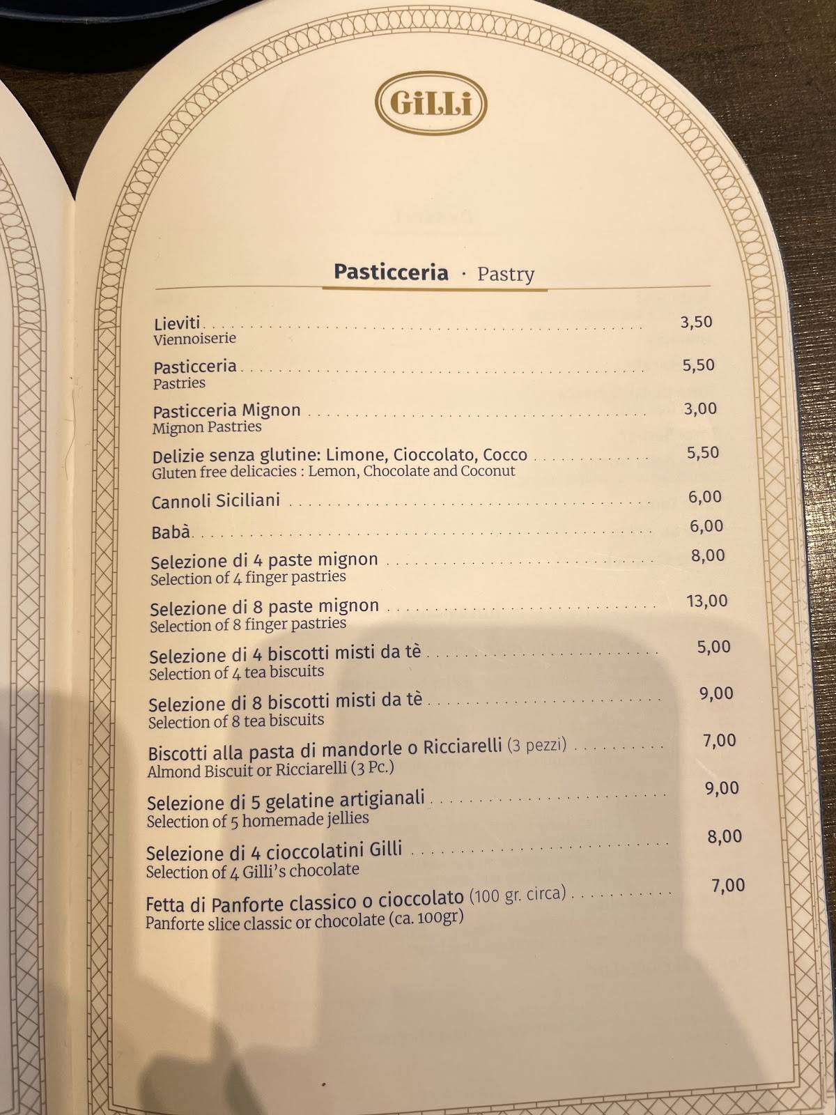Menu at Caffè Gilli pub & bar, Florence, Via Roma