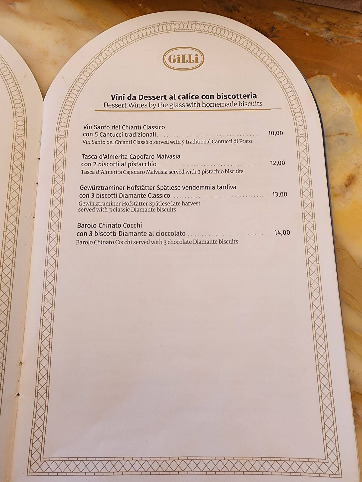 Menu at Caffè Gilli pub & bar, Florence, Via Roma