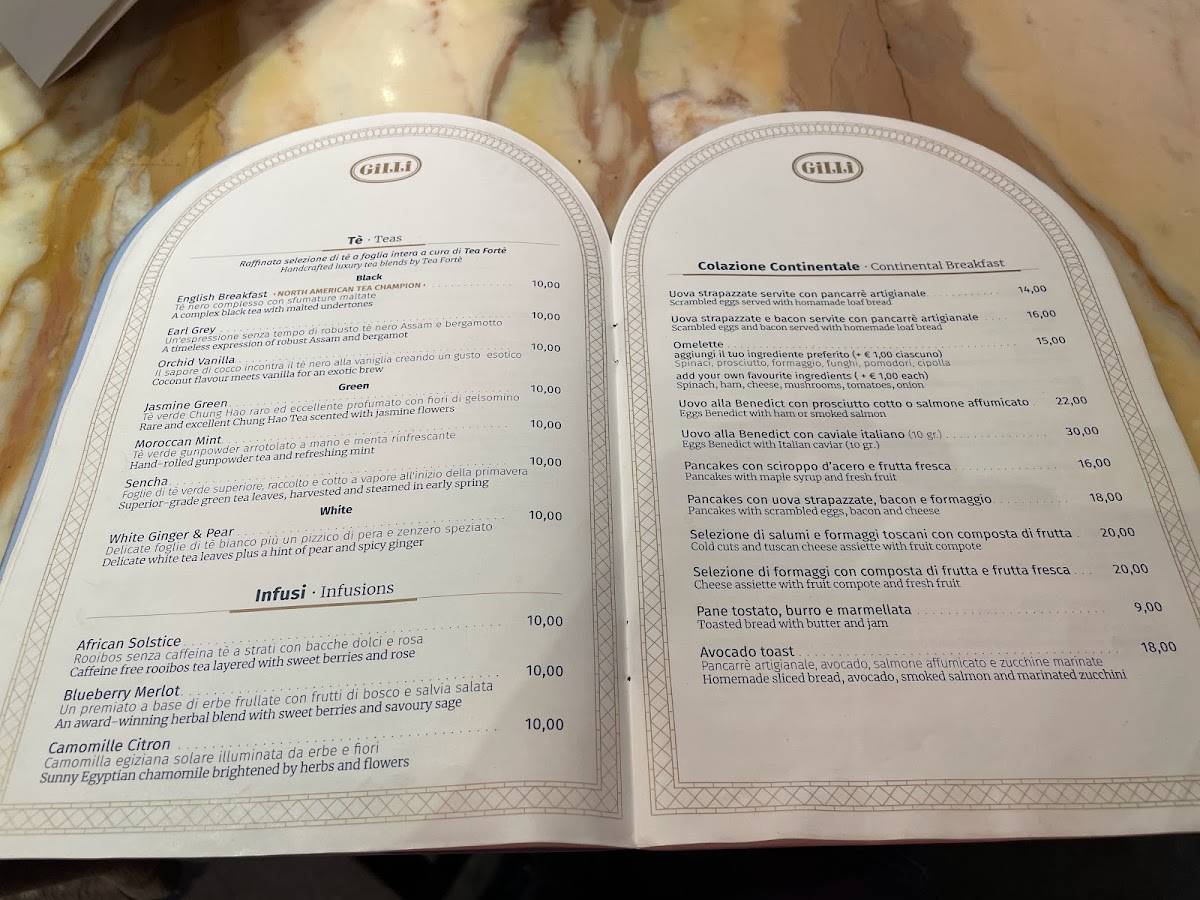 Menu at Caffè Gilli pub & bar, Florence, Via Roma