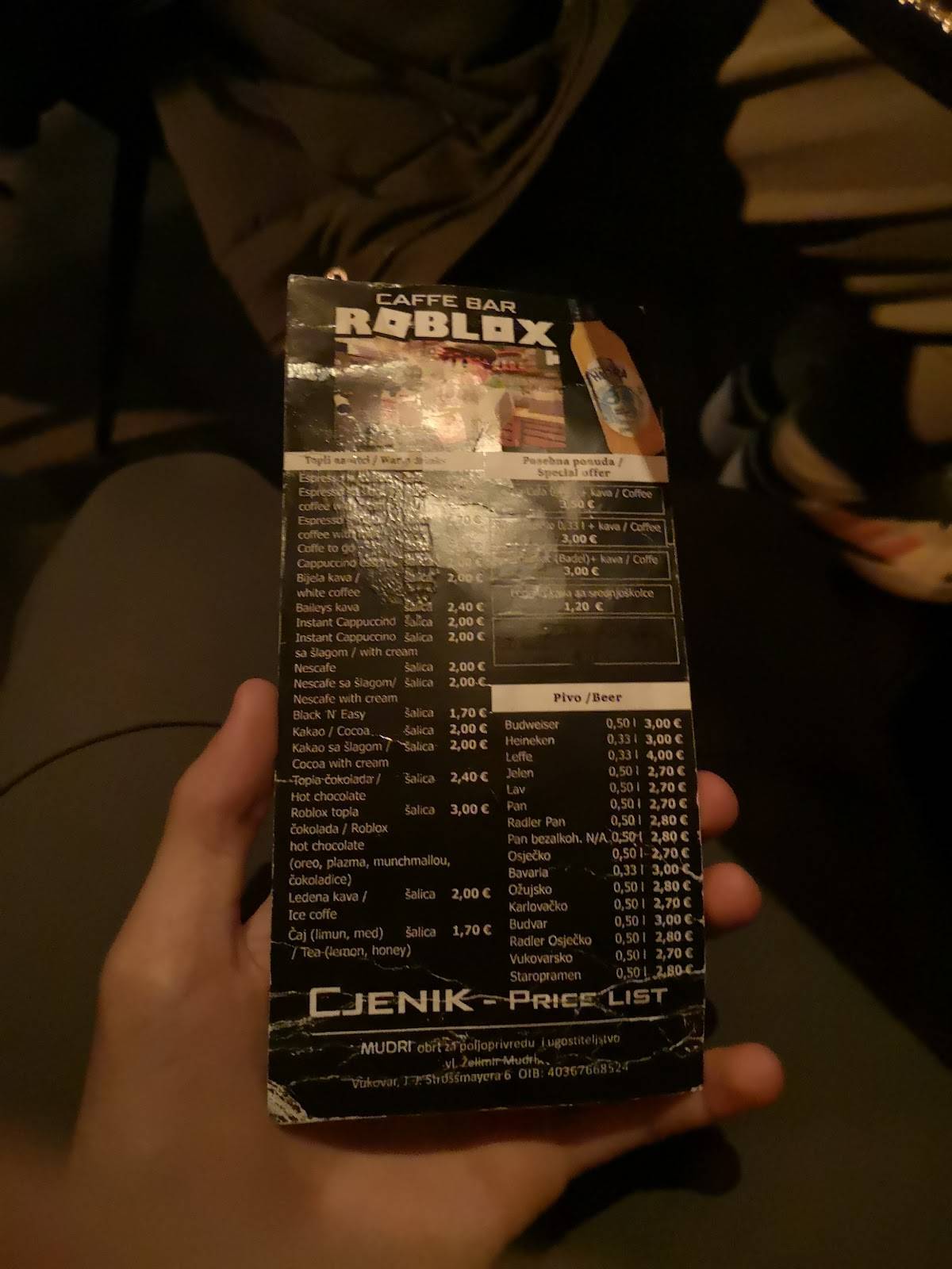 Carta de Caffe bar Roblox Vukovar, Vukovar
