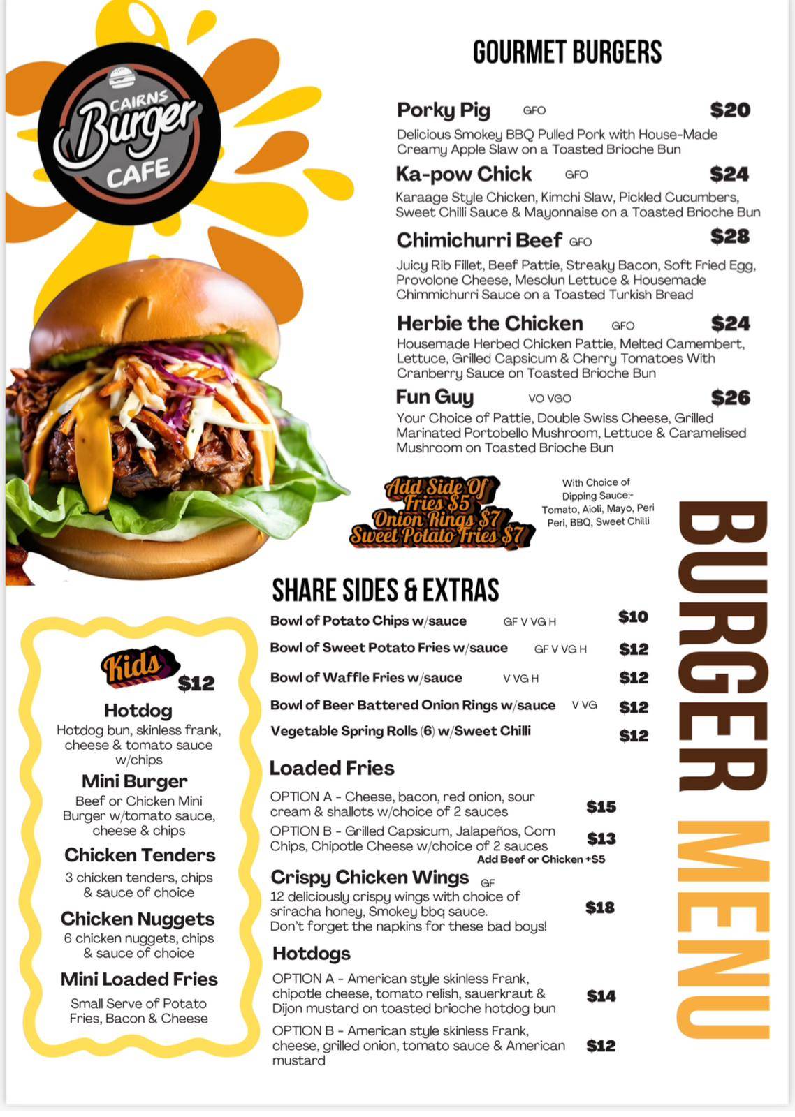 Menu at Cairns Burger Cafe, Cairns