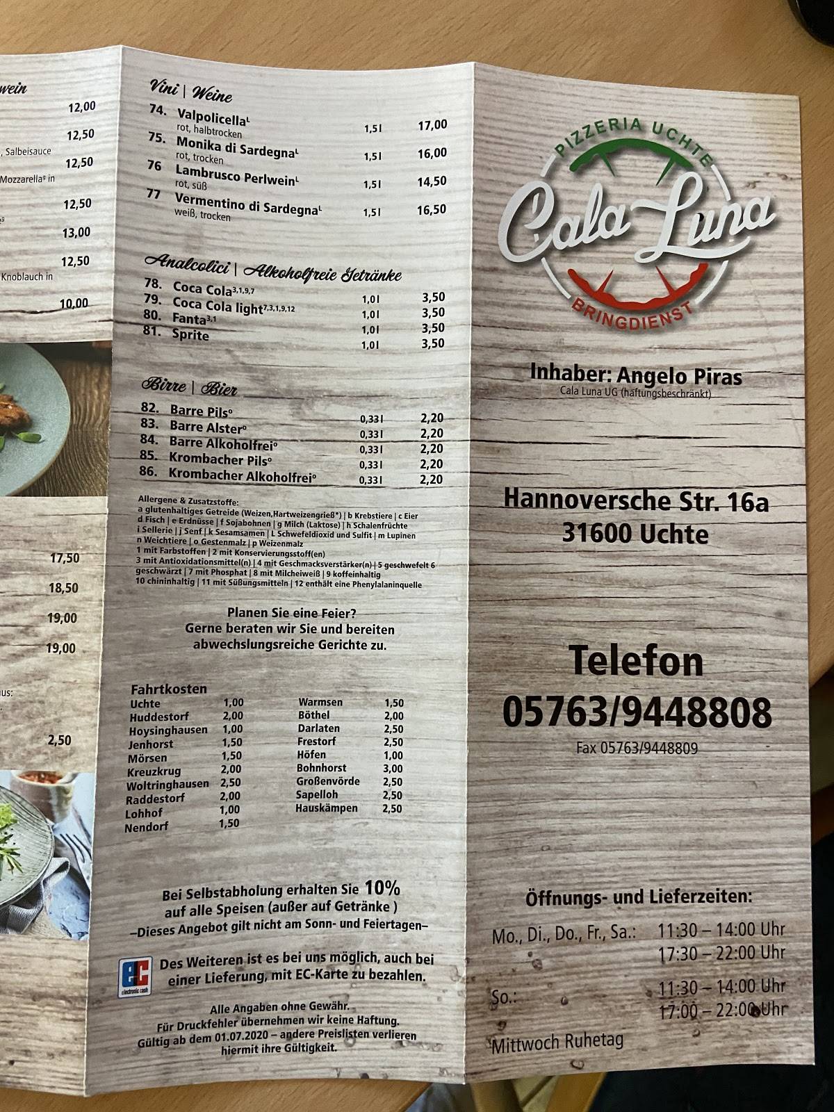 Speisekarte von Cala Luna restaurant, Uchte