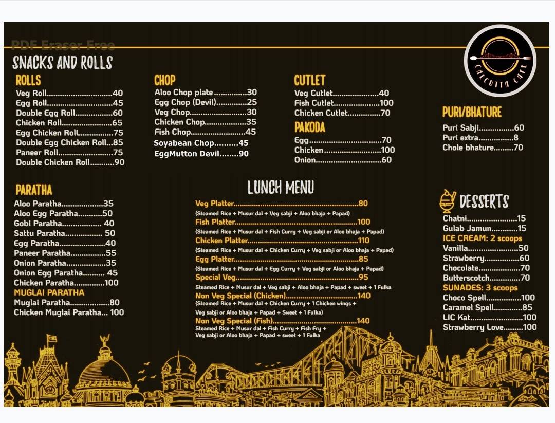 Menu at Calcutta Cafe, Bengaluru