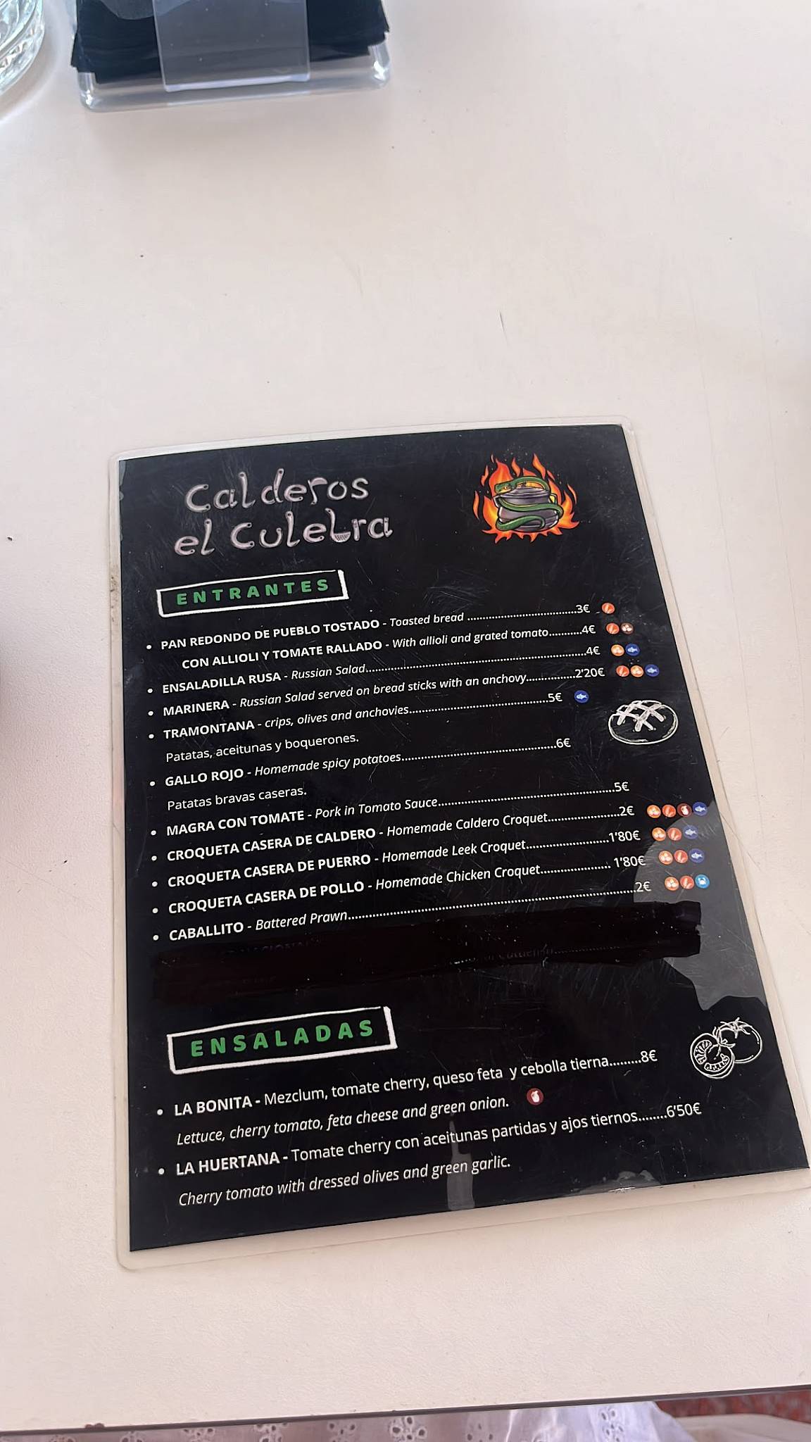 Carta del restaurante Calderos El Culebra, San Javier
