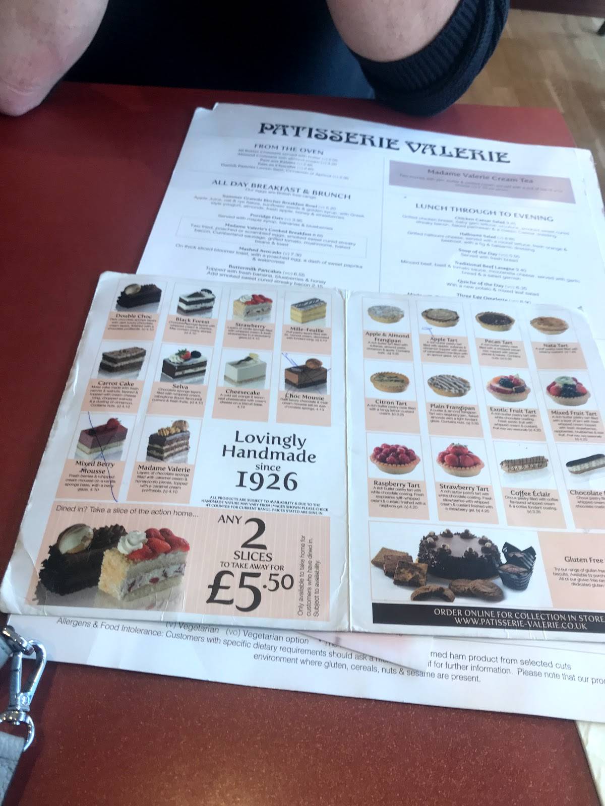 Menu at Patisserie Valerie cafe, Cambridge, 1-2 Bridge St
