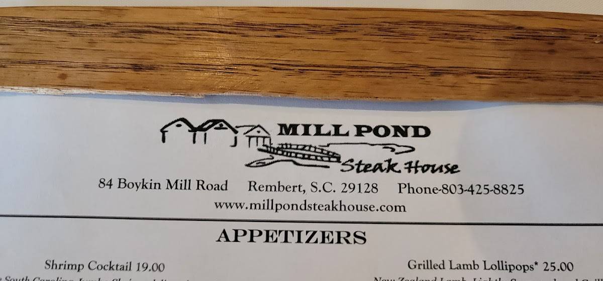 Menu at Mill Pond Steakhouse, Rembert