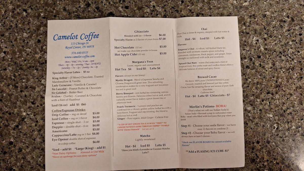 Menu at Camelot Coffee, Royal Center