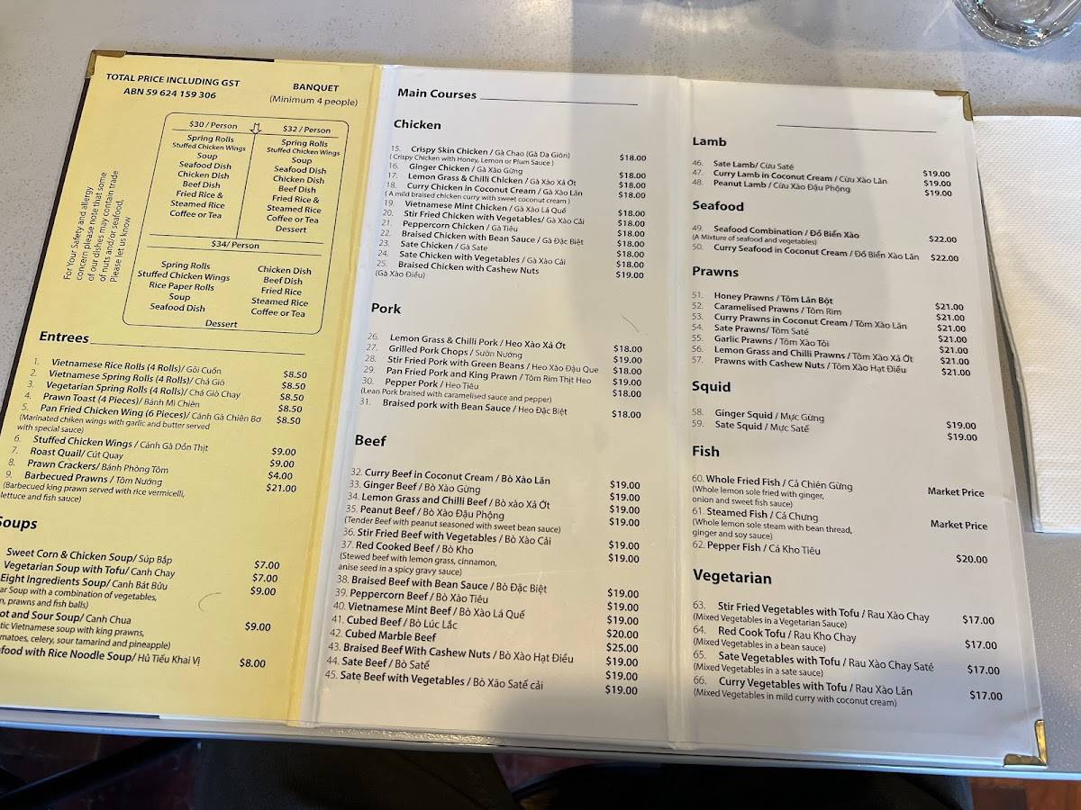 Menu at Tu Do Vietnamese Restaurant, O'Connor