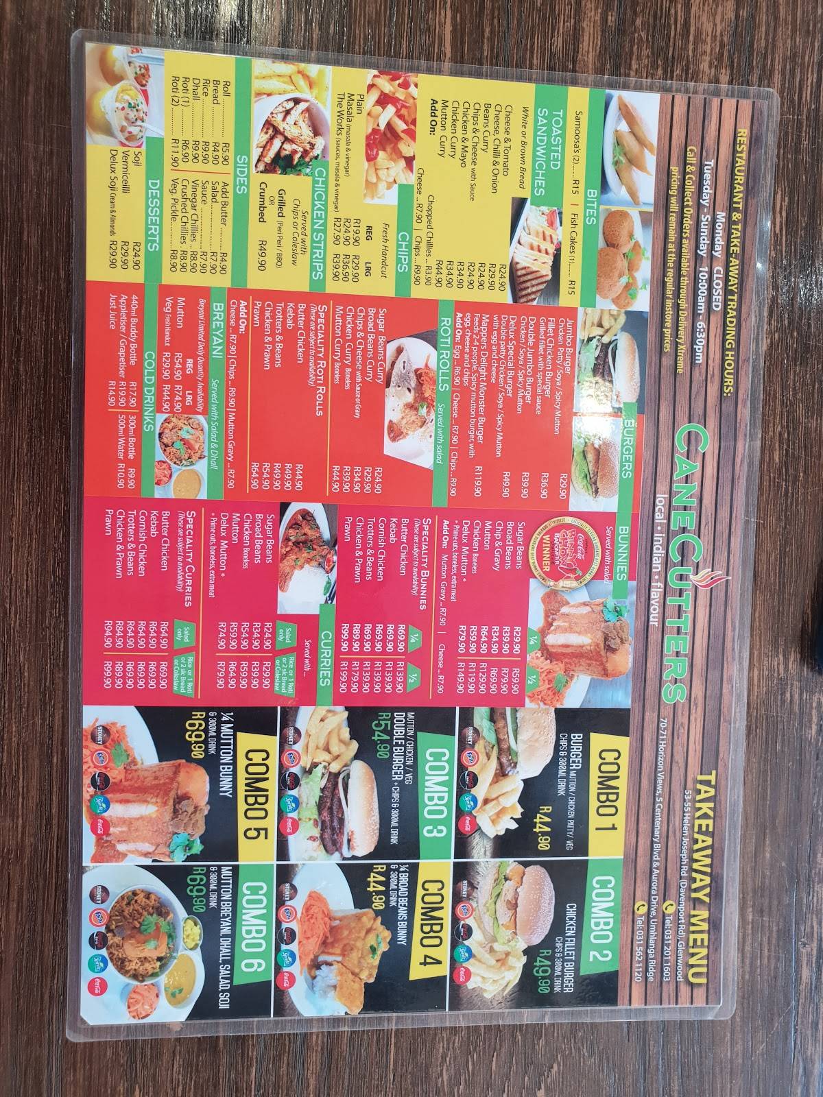 Menu at Canecutters Glenwood restaurant, Durban, 53-55 Helen Joseph Rd