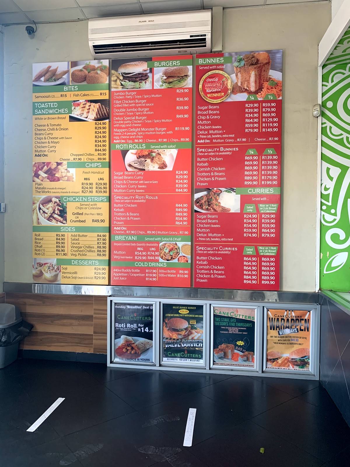 Menu at Canecutters Glenwood restaurant, Durban, 53-55 Helen Joseph Rd