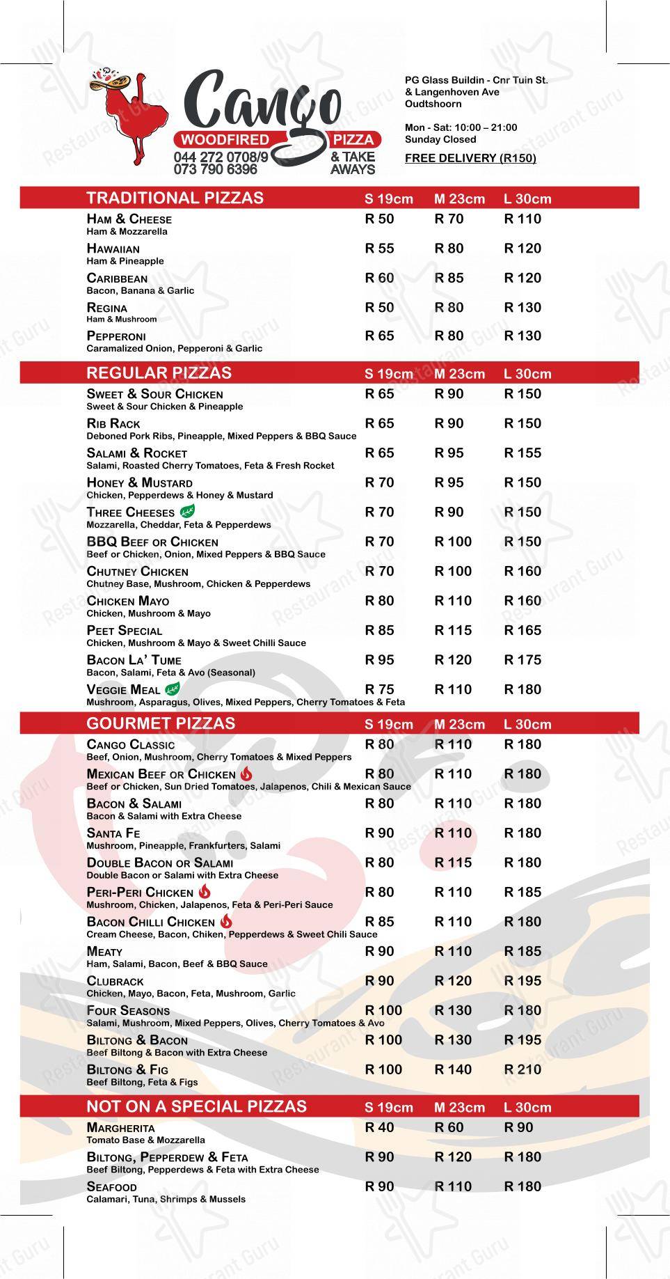 Menu at Cango Woodfired Pizzas pizzeria, Oudtshoorn