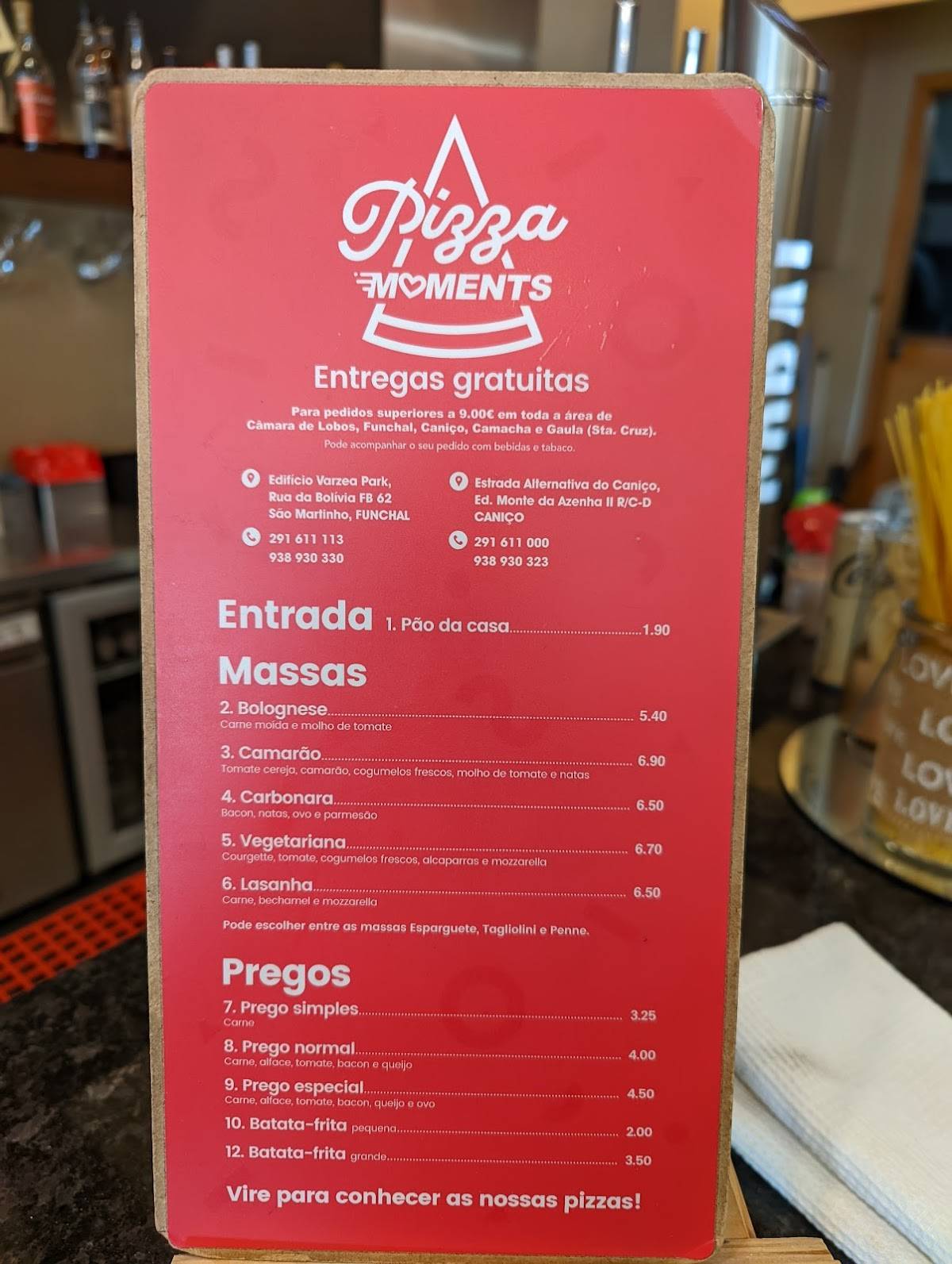 Menu em Pizza Moments ll restaurante, Caniço