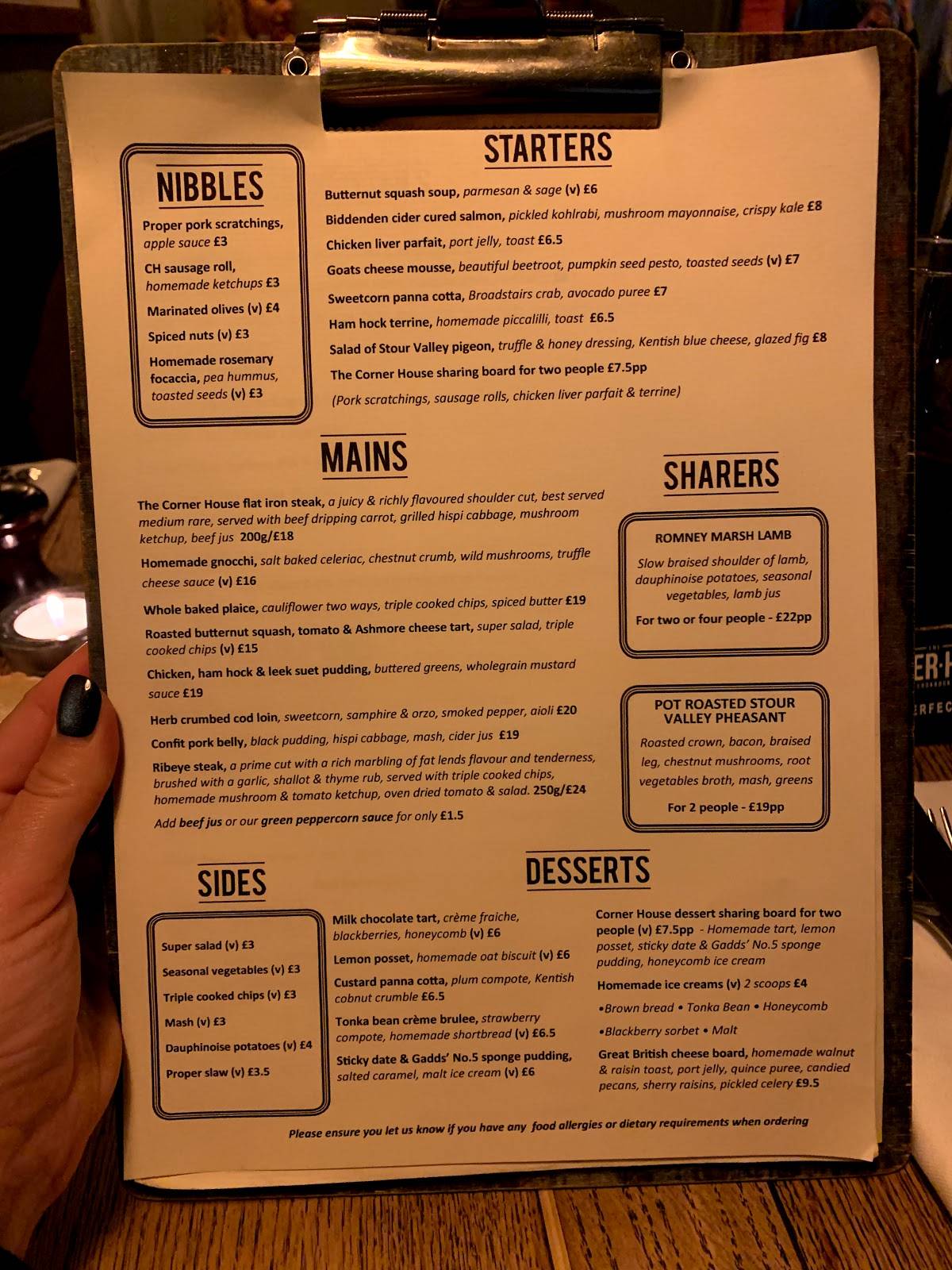 Menu at The Corner House restaurant, Canterbury