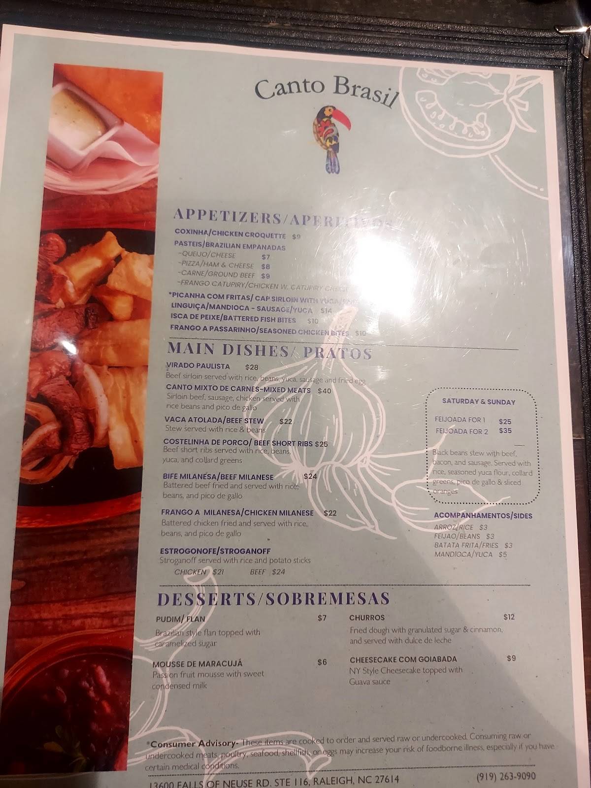 Menu at Canto Brasil restaurant, Raleigh