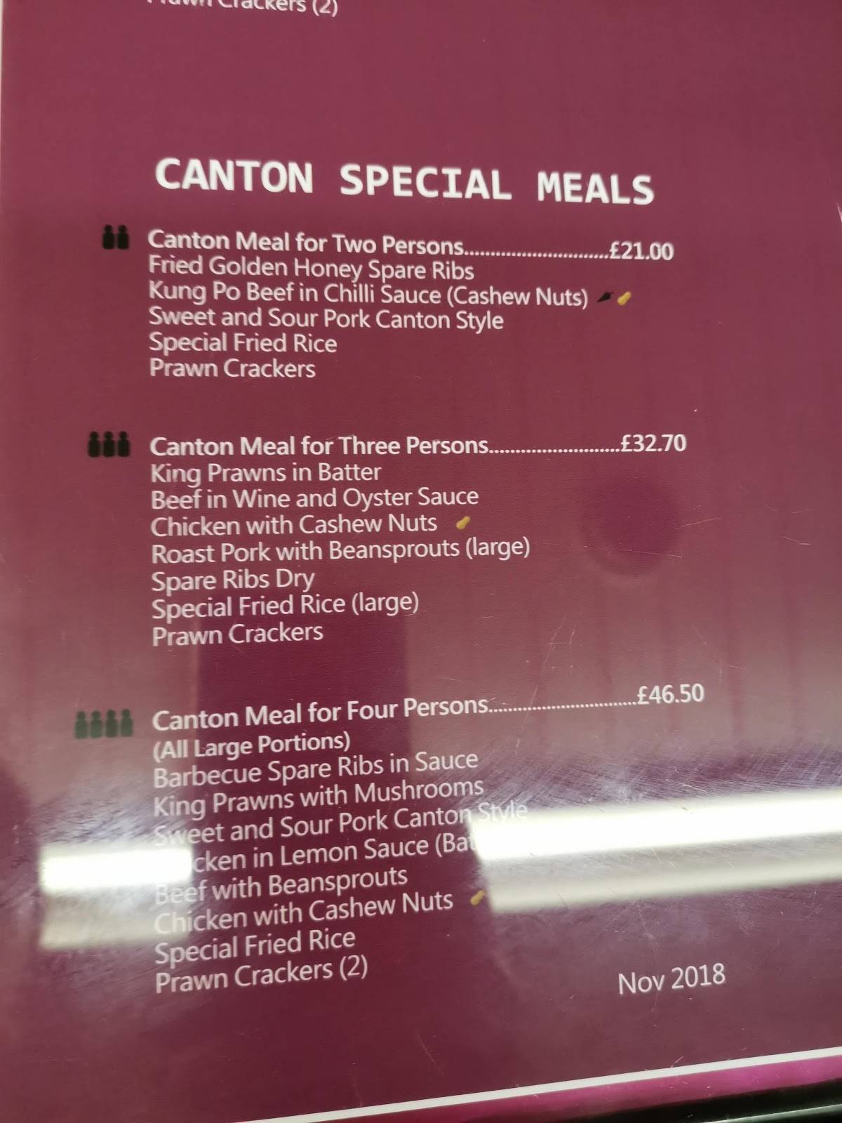 Menu at Canton Take Away fast food, Sandhurst