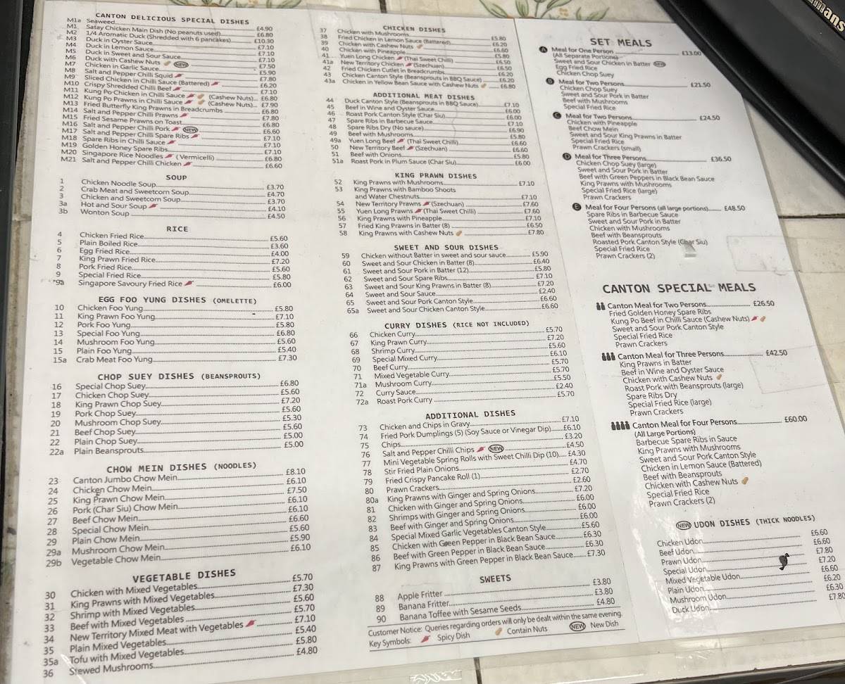 Menu at Canton Take Away fast food, Sandhurst