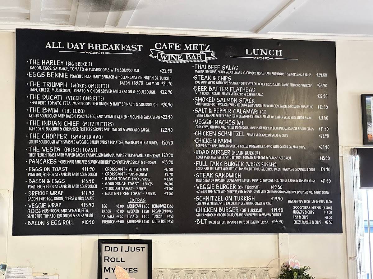Menu at Cafe Metz, Canungra