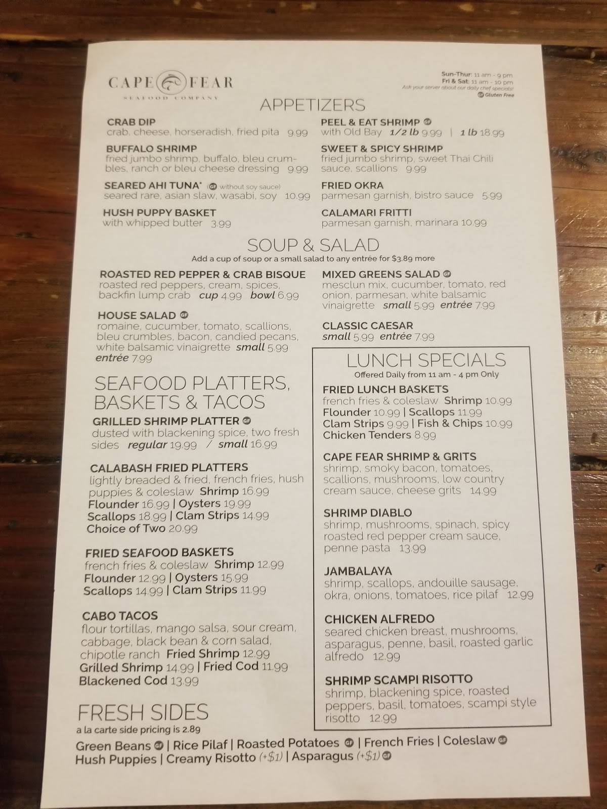 Menu at Cape Fear Seafood Company restaurant, Belville