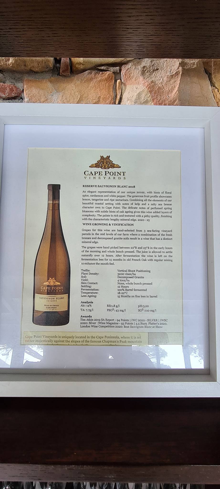 Menu at Cape Point Vineyards restaurant, Cape Town