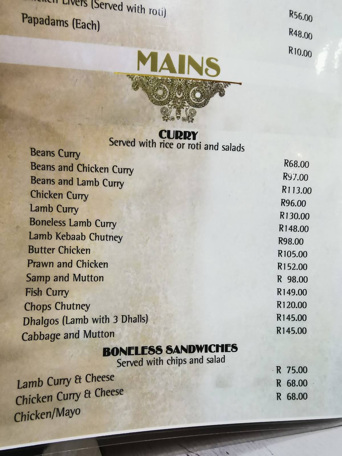 Menu at JJ's Indian cuisine & takeaway restaurant, Cape Town