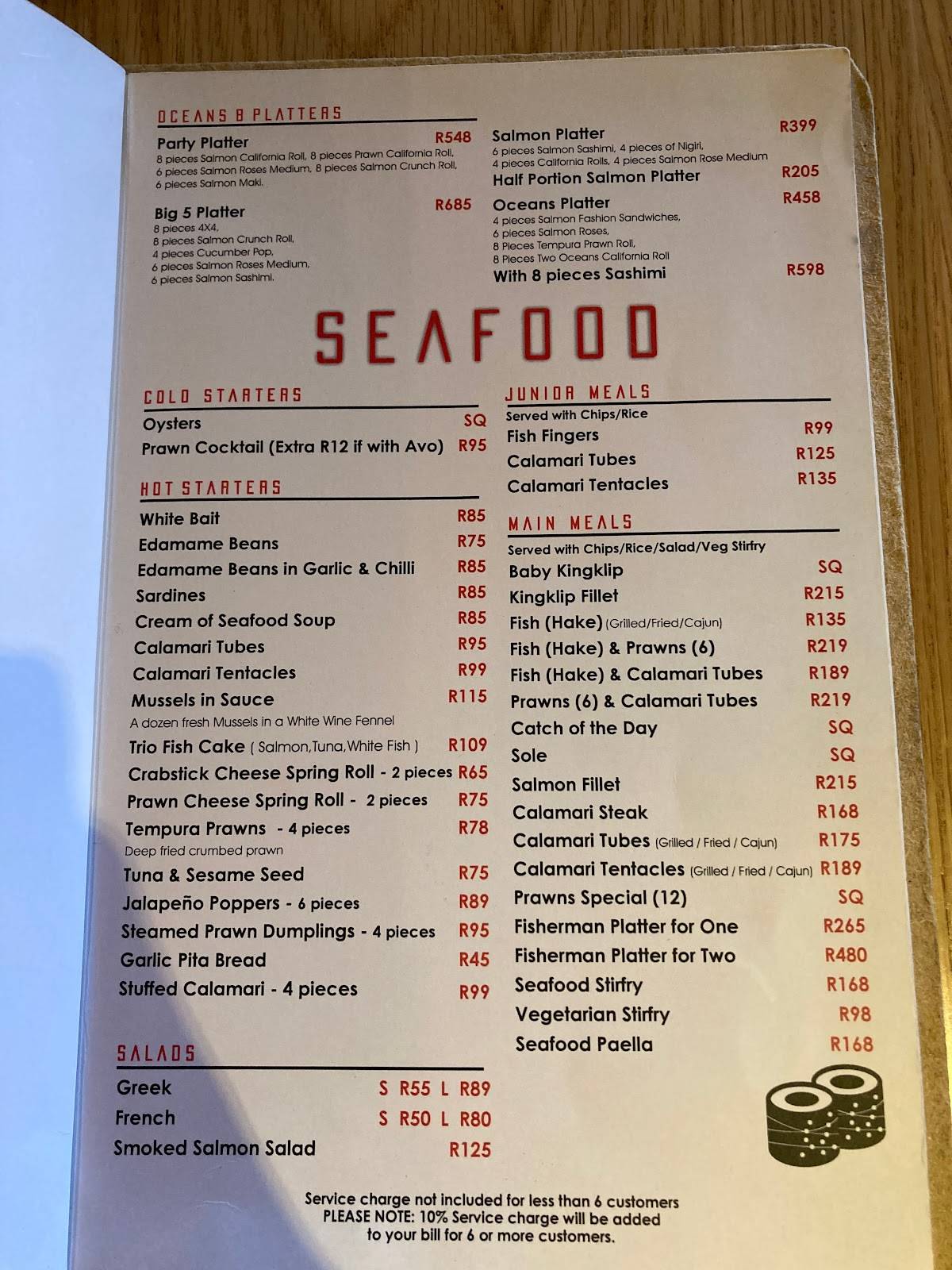 Menu at Oceans 8 Seafood & Sushi Somerset West restaurant, Cape Town