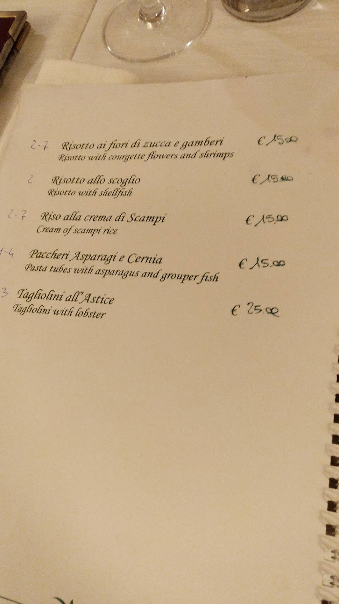 Menu at Capo Boi restaurant, Rome