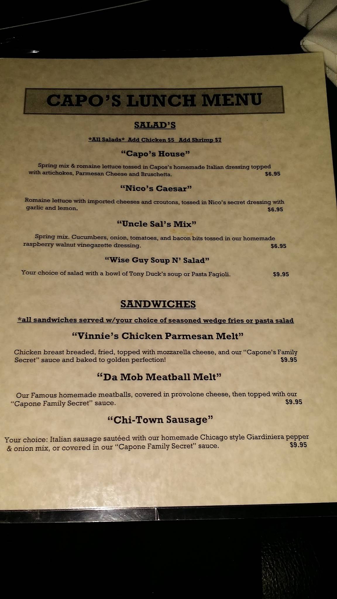 Menu at Capo's Restaurant and Speakeasy, Las Vegas