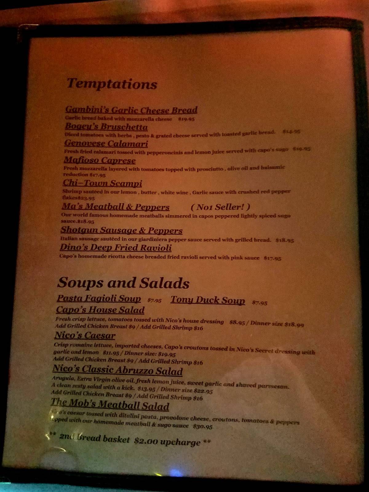 Menu at Capo's Restaurant and Speakeasy, Las Vegas