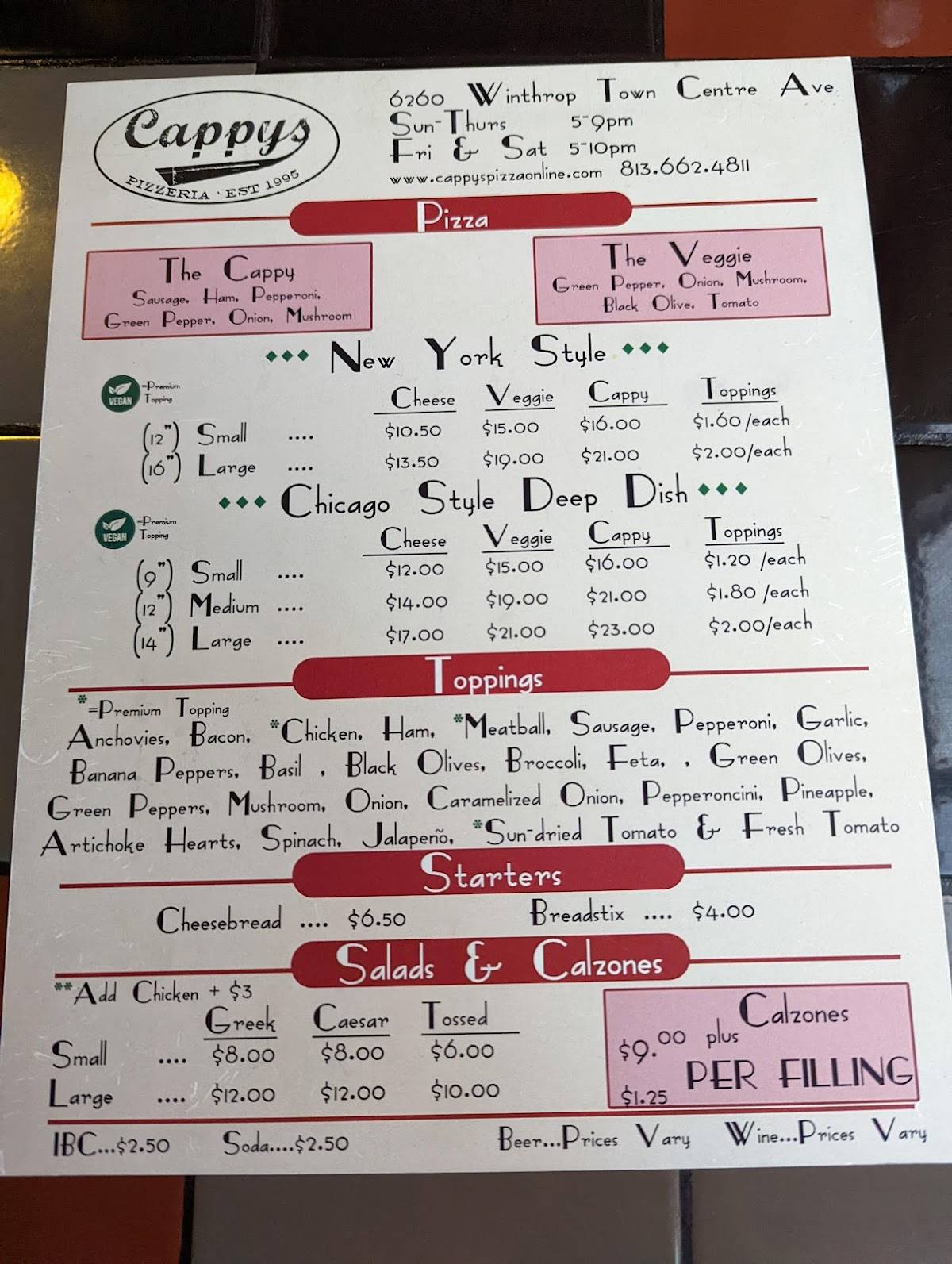 Menu at Cappy's Pizza pizzeria, Riverview, Winthrop Town Centre Ave