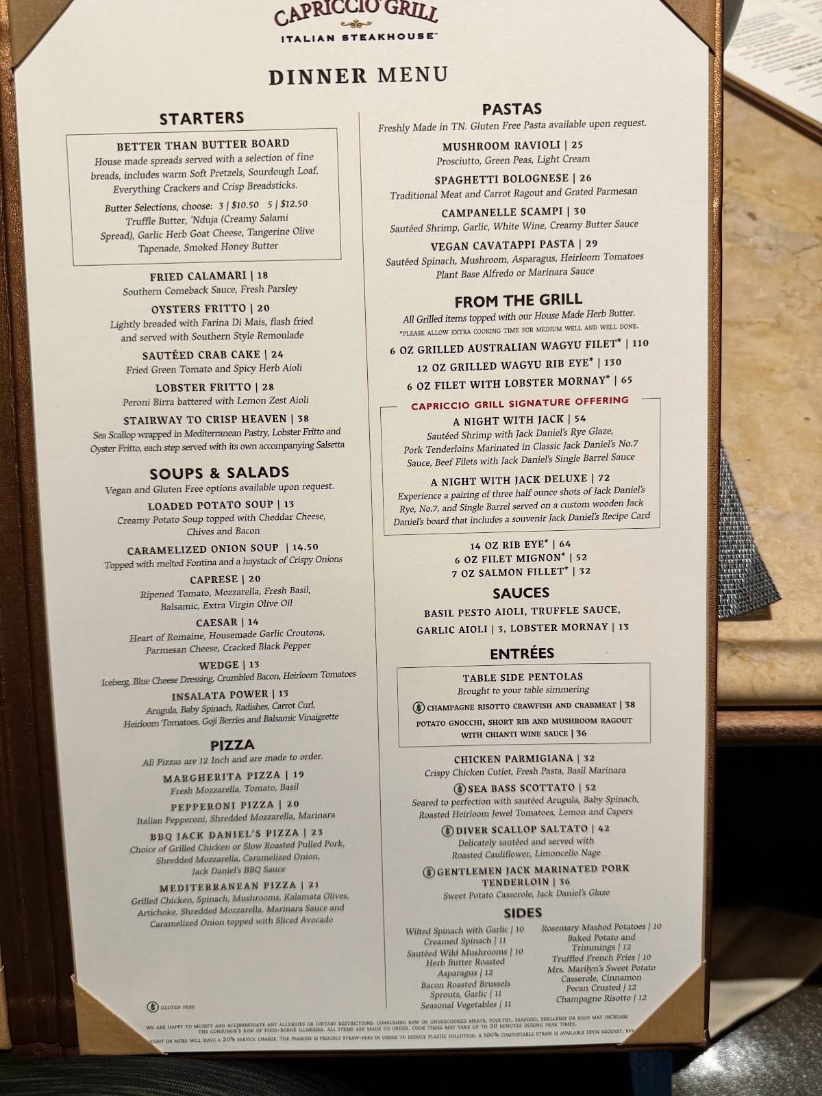 Menu at Capriccio Grill steakhouse, Memphis