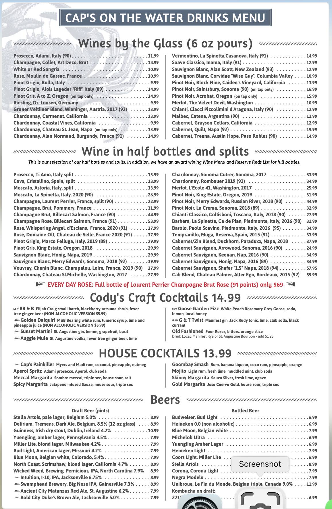 Menu at Cap's On the Water restaurant, Vilano Beach, Myrtle St