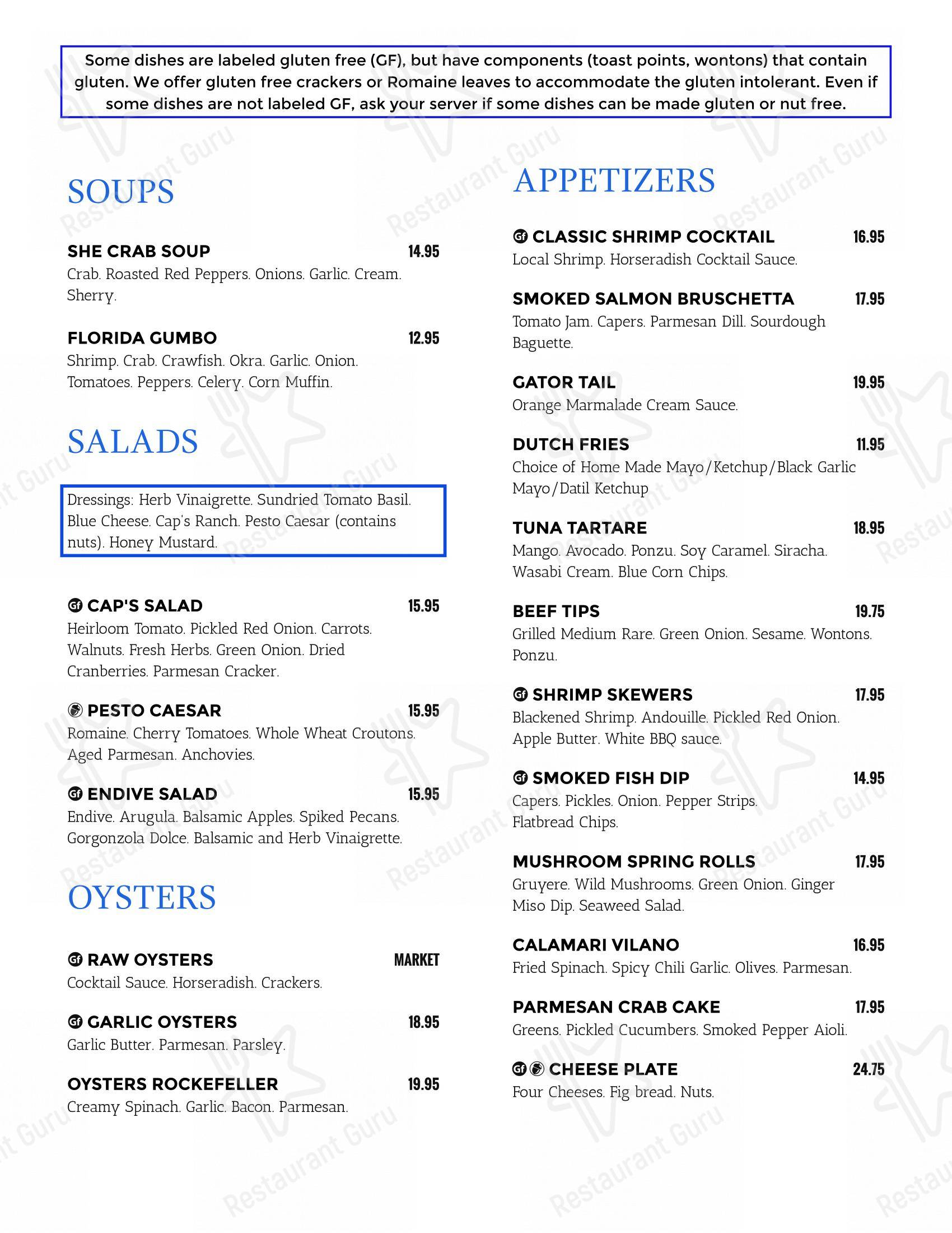 Menu at Cap's On the Water restaurant, St. Augustine, Myrtle St