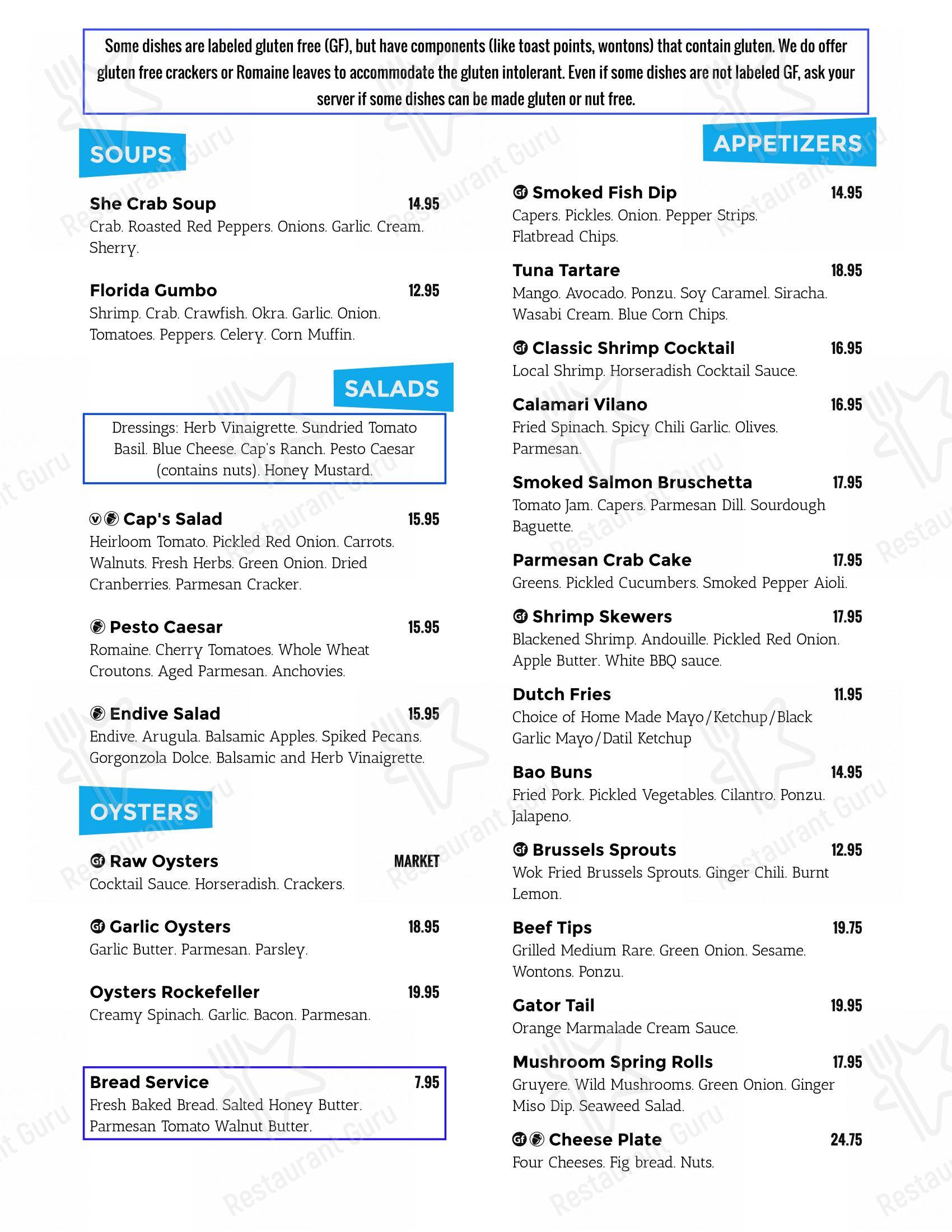 Menu at Cap's On the Water restaurant, St. Augustine, Myrtle St