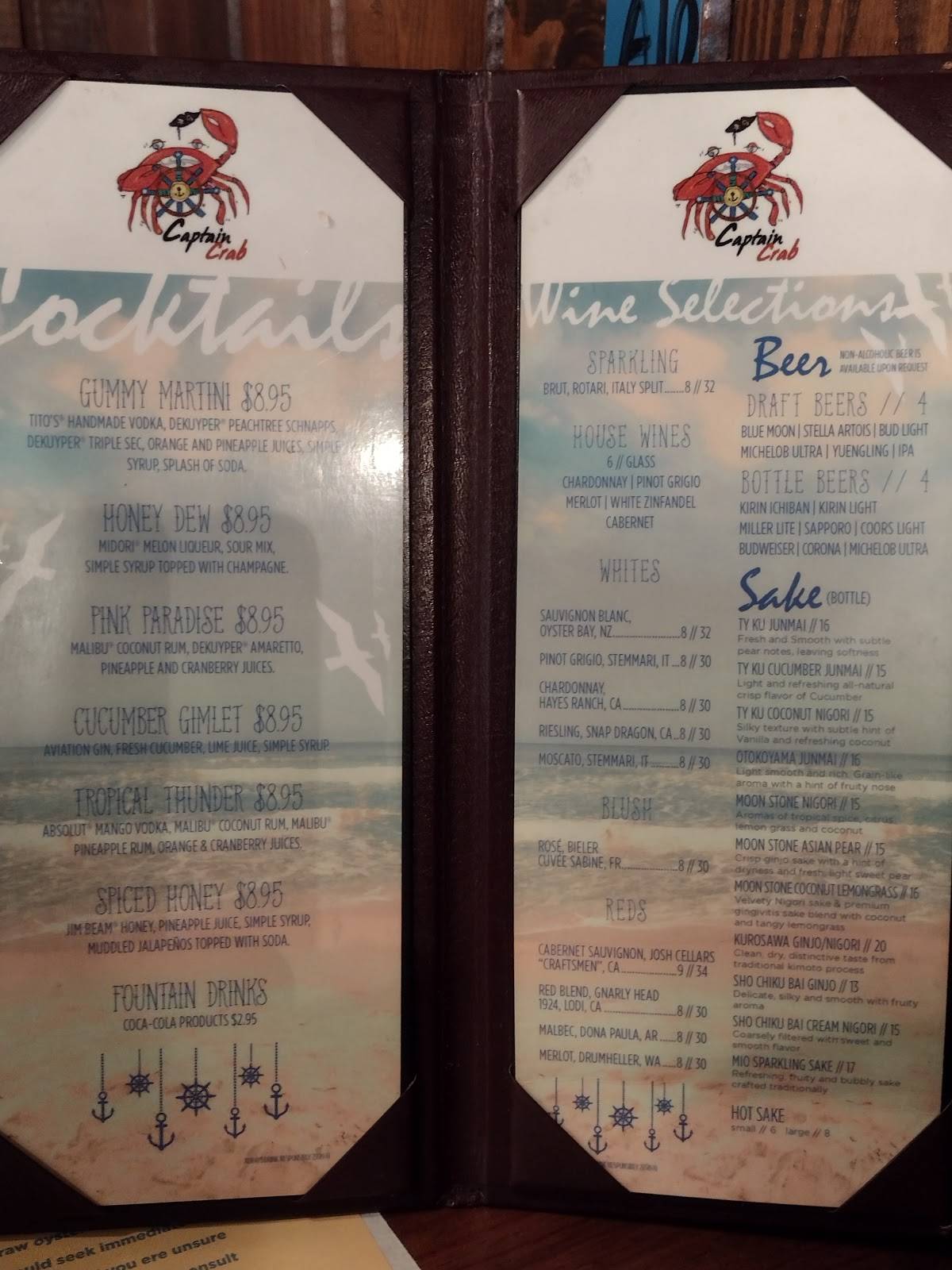 Menu at Captain Crab Seafood restaurant, Port Charlotte