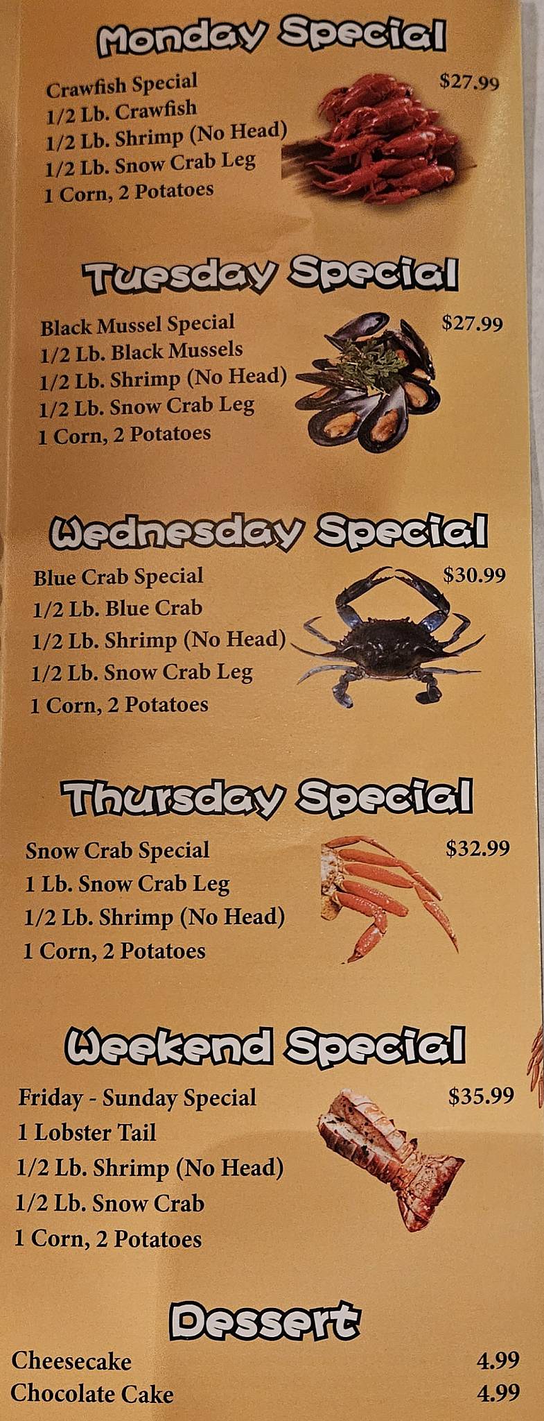 Menu at Captain Crab Seafood restaurant, Port Charlotte