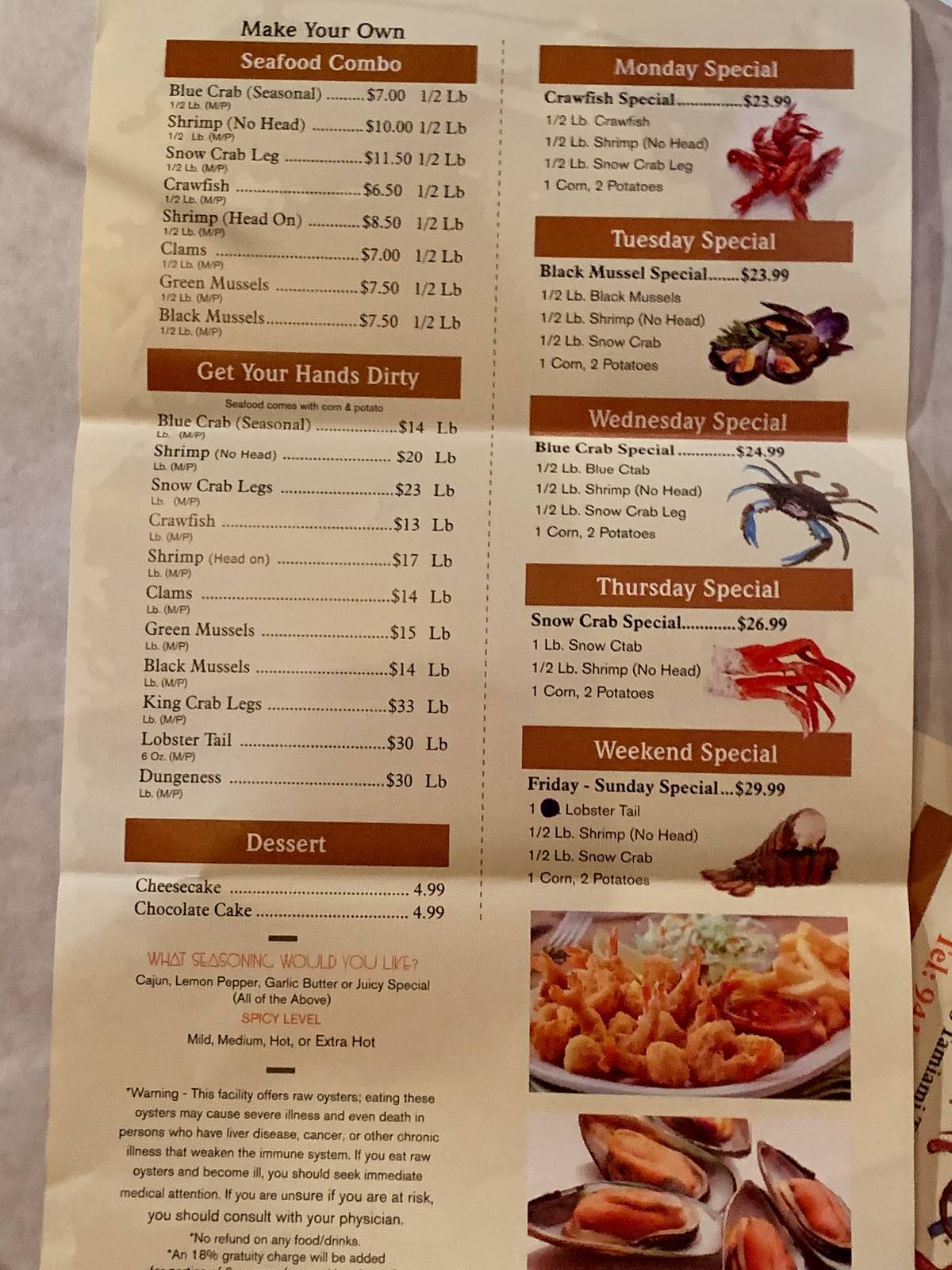 Menu at Captain Crab Seafood restaurant, Port Charlotte