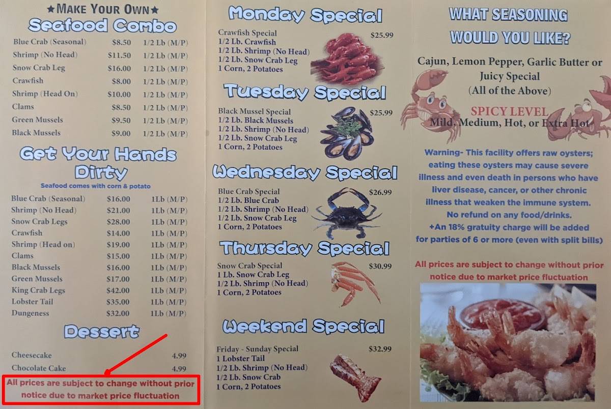 Menu at Captain Crab Seafood restaurant, Port Charlotte
