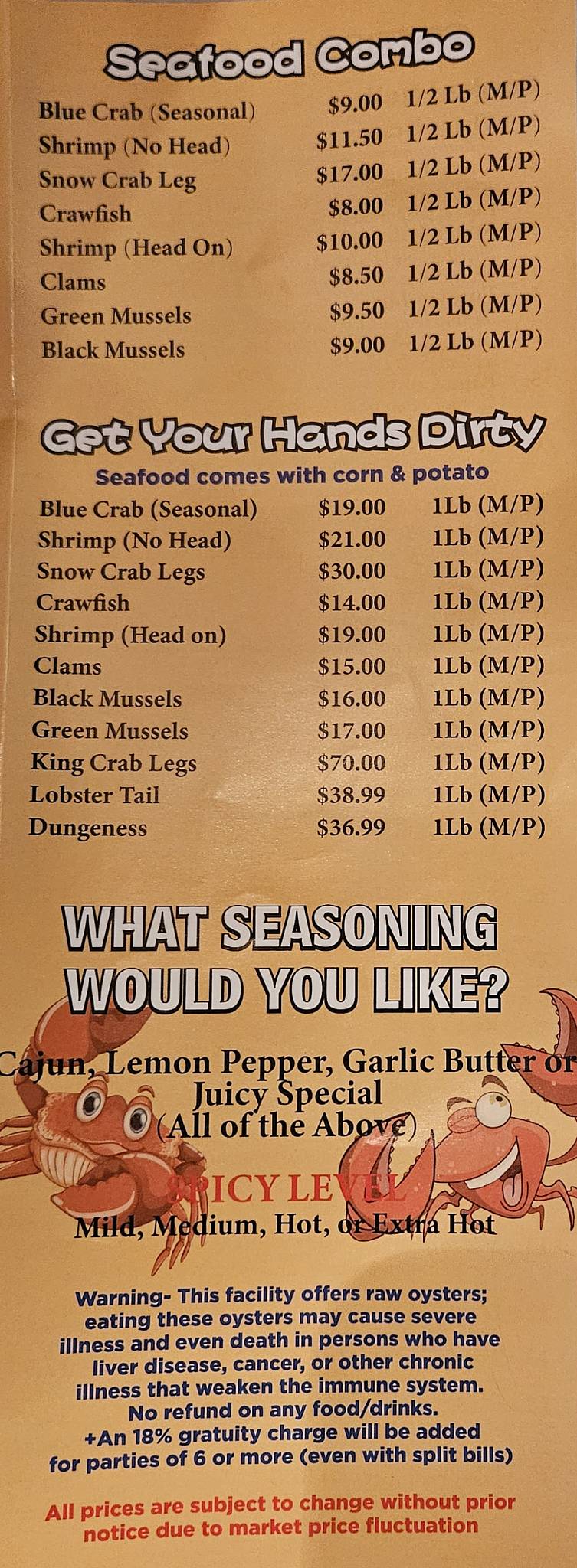 Menu at Captain Crab Seafood restaurant, Port Charlotte