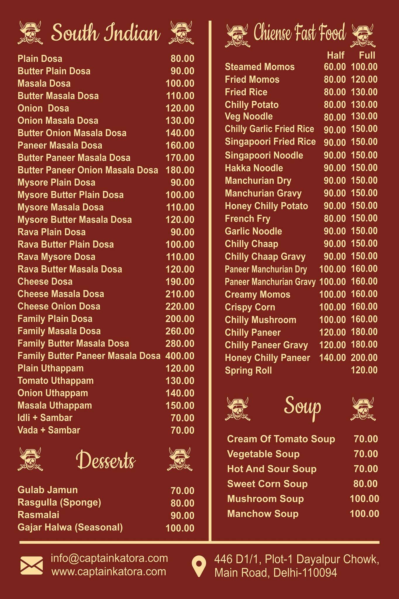 Menu at Captain Katora Yamuna Vihar, Delhi