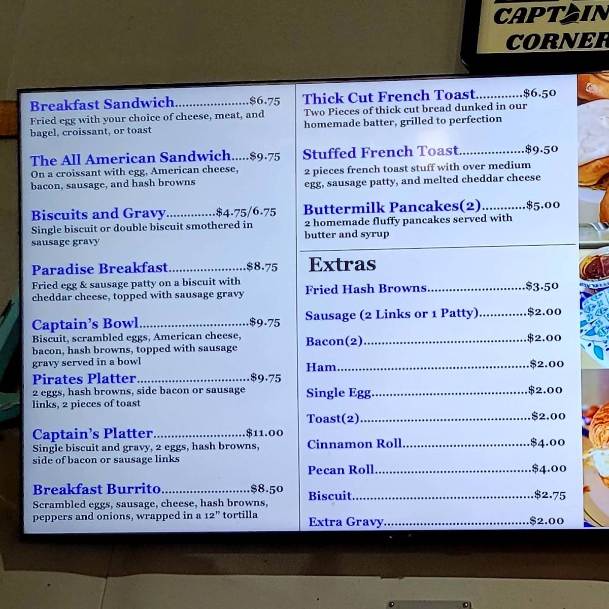 Menu at Captain's Corner restaurant, Smithville, Collins Rd