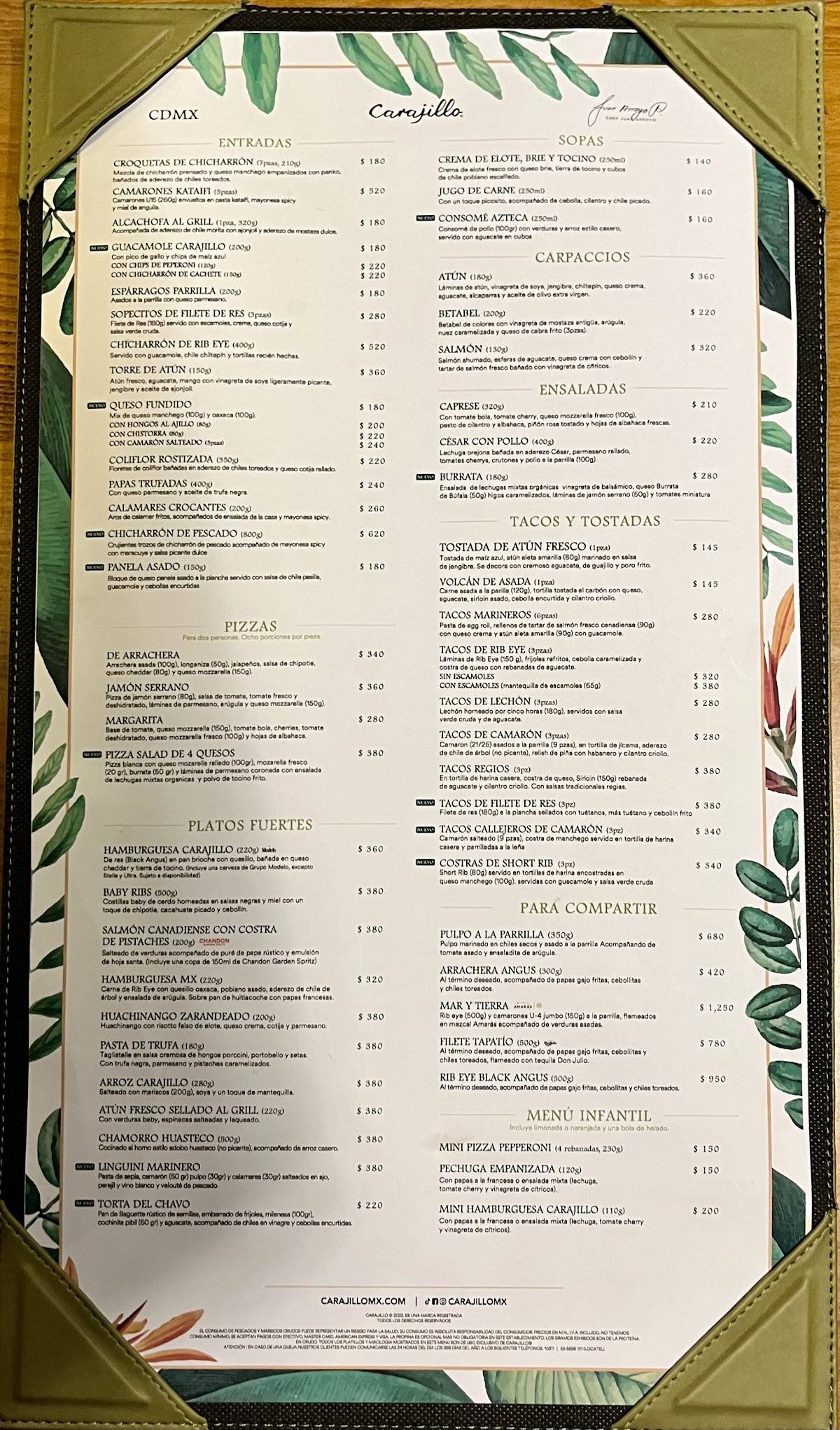 Menu at Carajillo Miyana Polanco restaurant, Mexico City