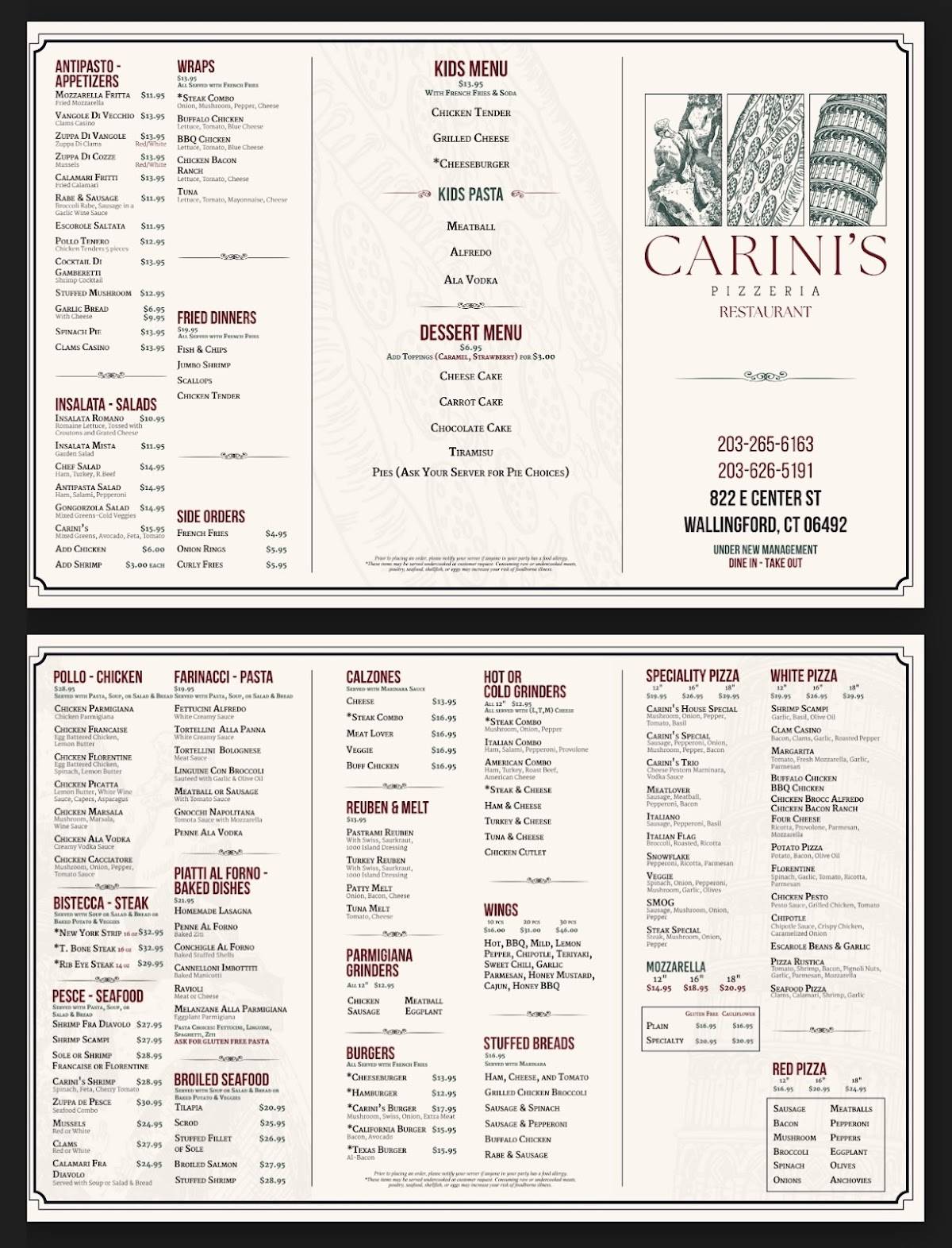 Menu at Carini's Pizzeria & Restaurant, Wallingford