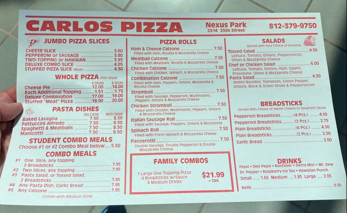 Menu at Carlos Pizza pizzeria, Columbus
