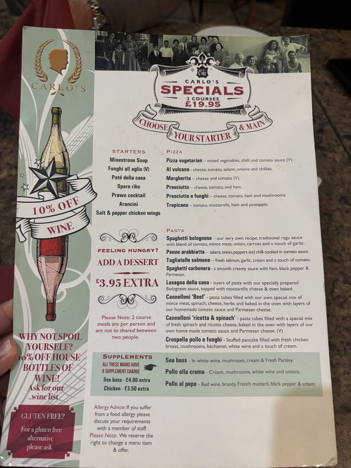 Menu at Carlo's Restaurant, Colne