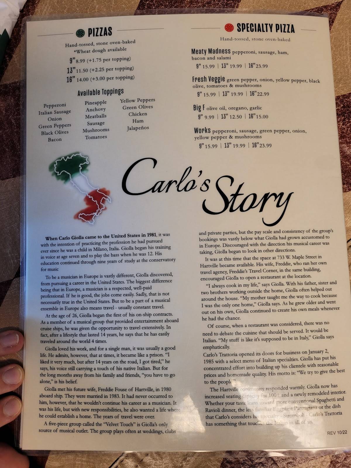Menu at Carlo's Trattoria pizzeria, Hartville