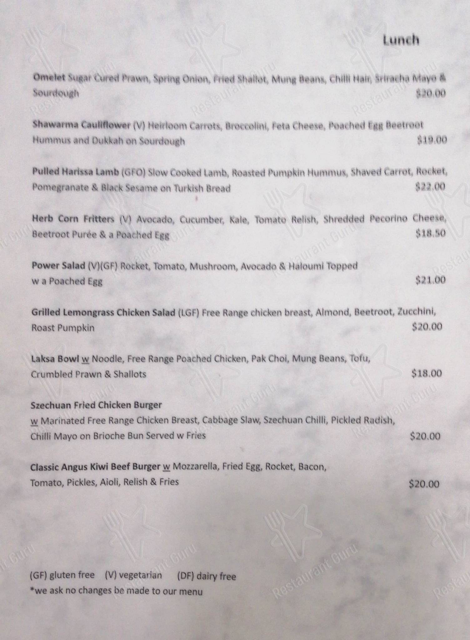 Menu at Carlton Gore Cafe, Auckland
