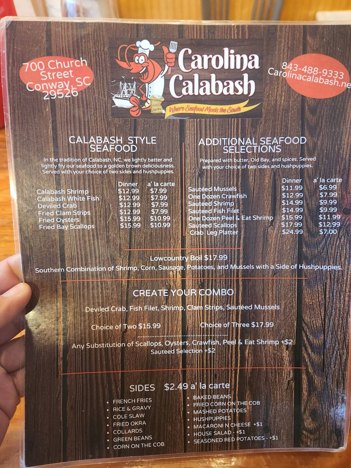 Menu at Carolina Calabash restaurant, Conway