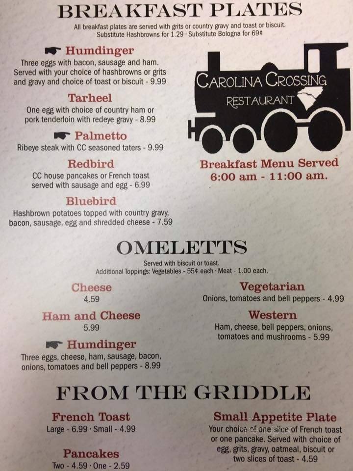 Menu at Carolina Crossing Restaurant, Grover, 218 S Main St