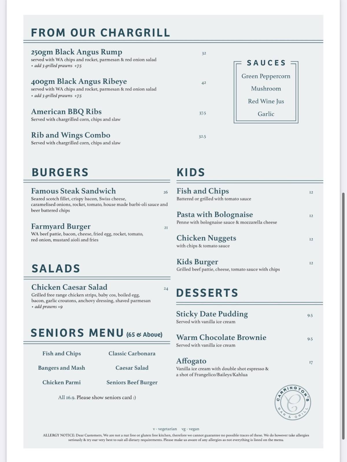 Menu at Carrington's Bar and Grill, Hamilton Hill